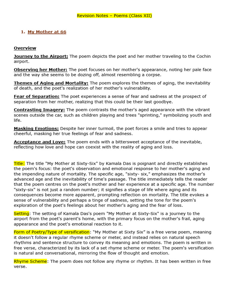 Revision Notes - Poems | PDF | Poetry | Silence