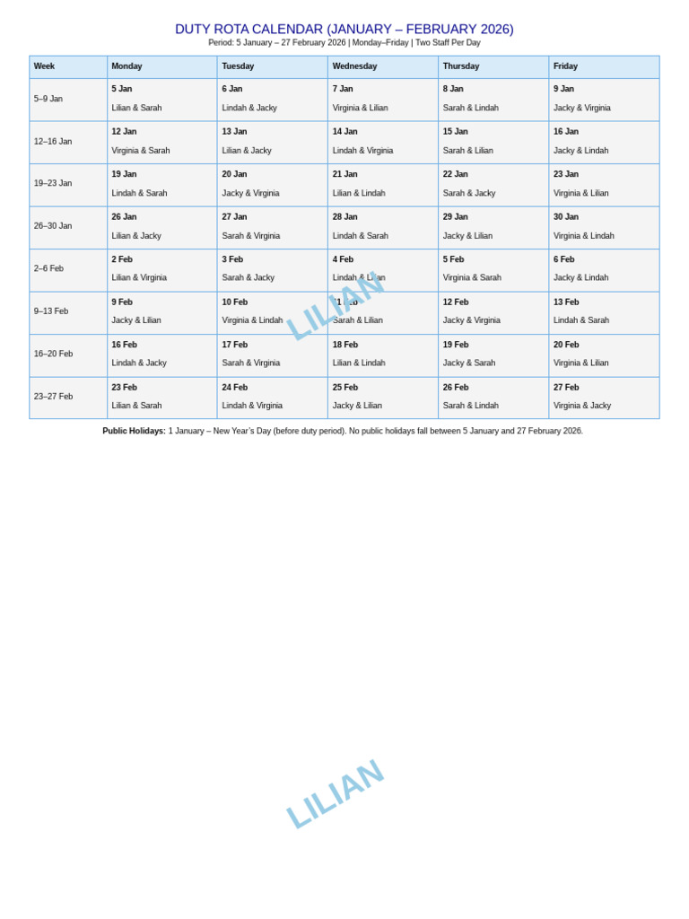 January-February 2026 Duty Rota Calendar | PDF