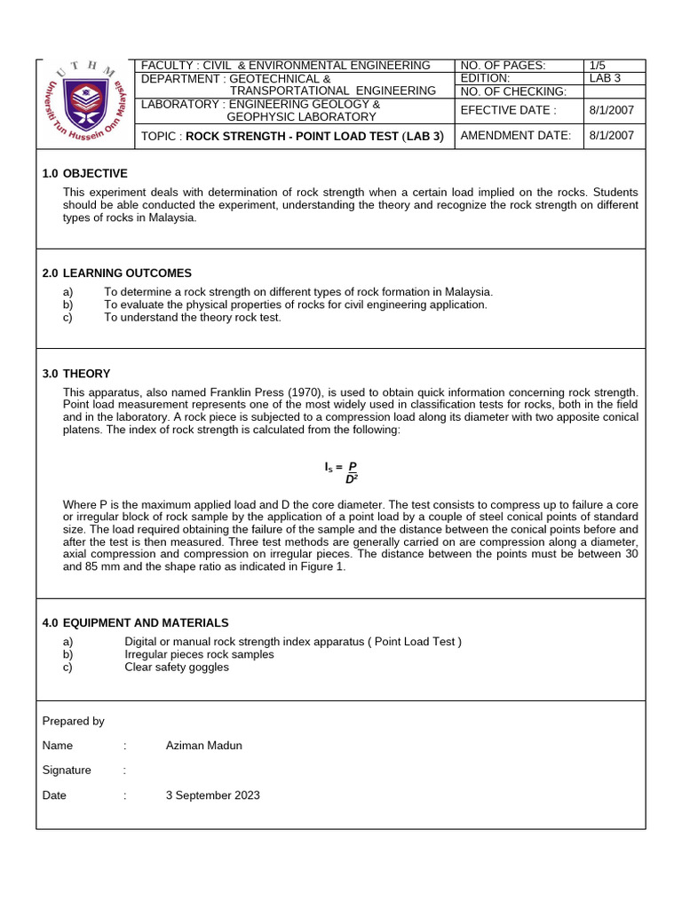 Rock Strength Point Load Test Lab Guide | PDF | Strength Of Materials ...