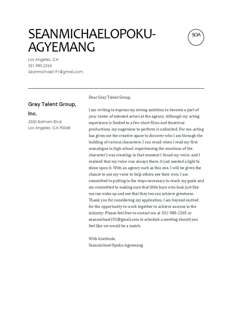 Aspiring Actor Application Letter | PDF