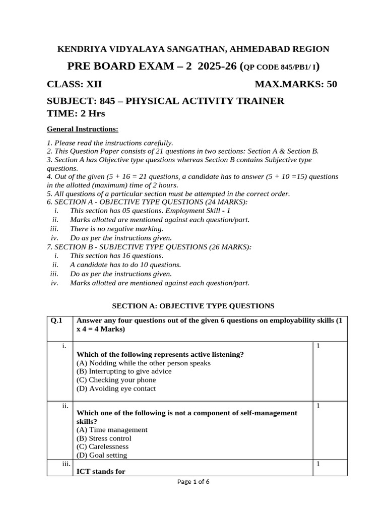 Class XII Physical Activity Trainer Exam QP | PDF | Heart | First Aid