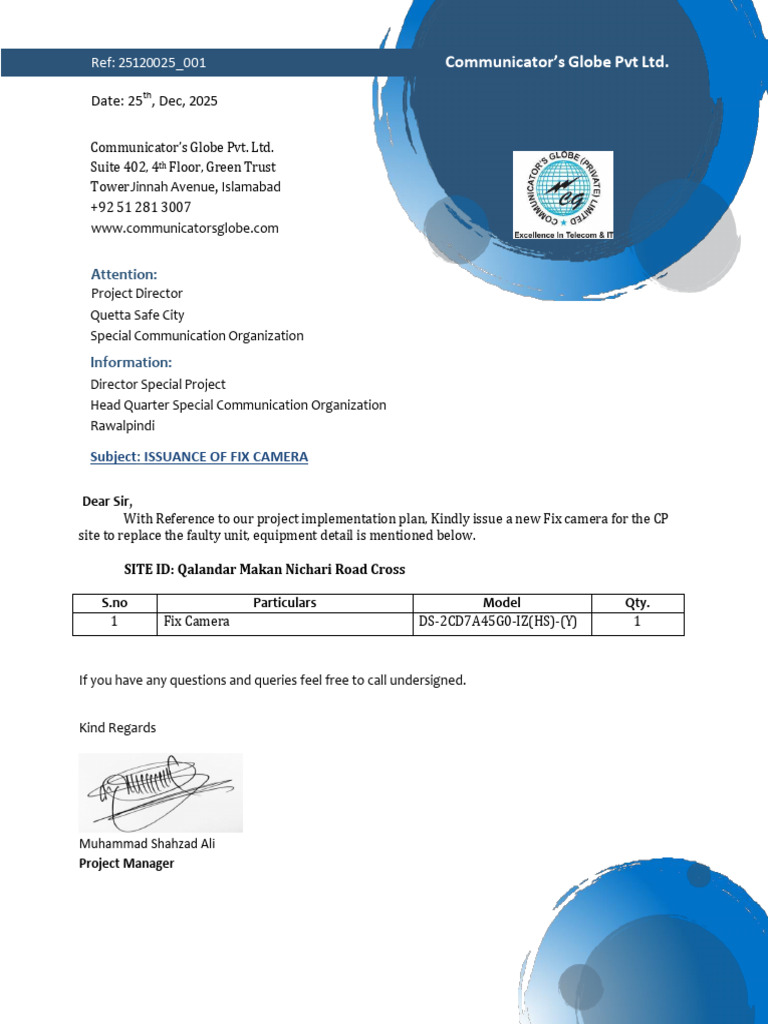 Request for Fix Camera Replacement | PDF