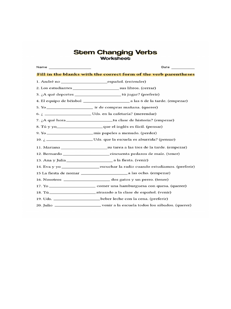 Present Tense Stem Changing Verbs Worksheets 978.Png | PDF