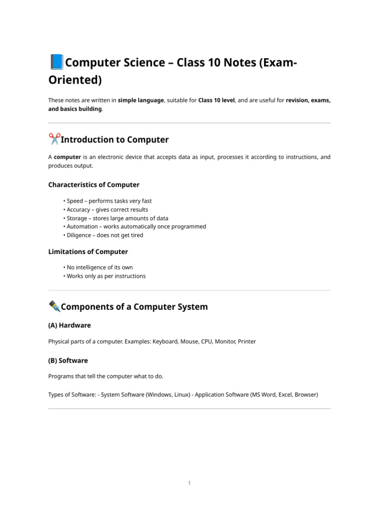 Class 10 Computer Science Notes | PDF | Bit | Computer Data Storage