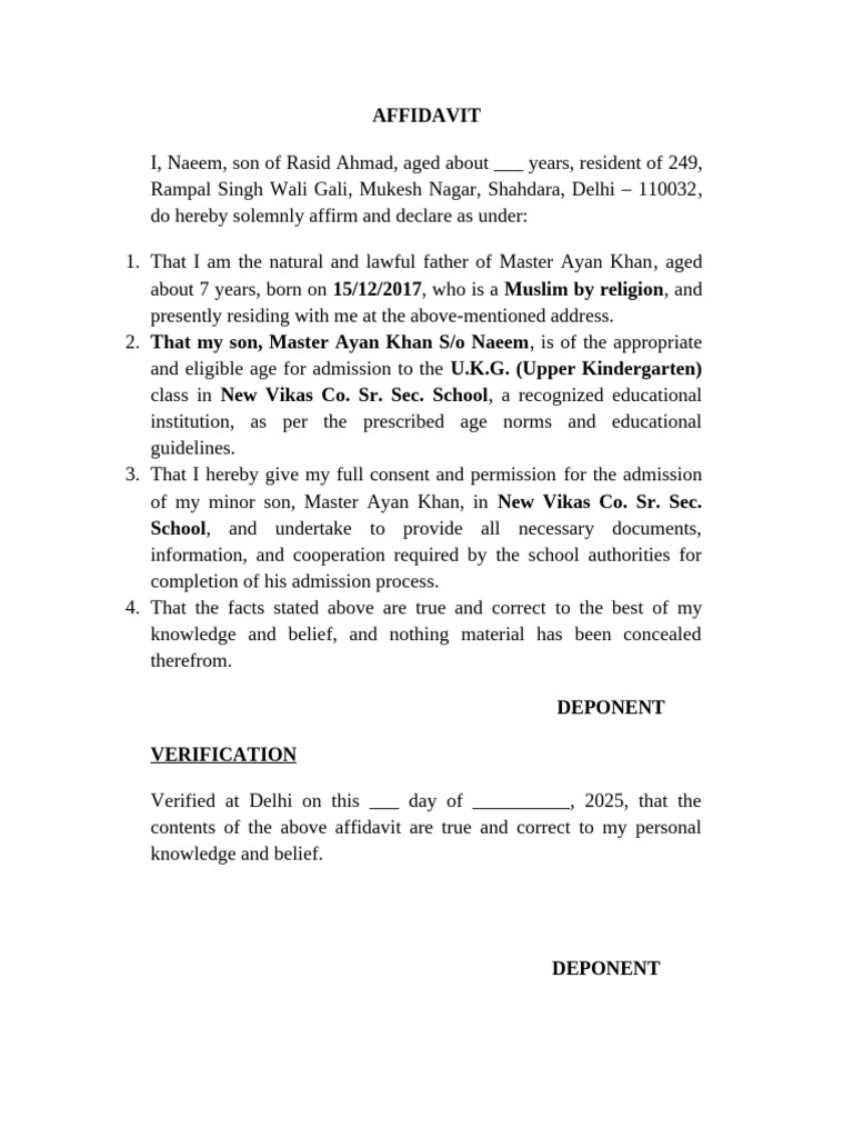Affidavit School Admission | PDF