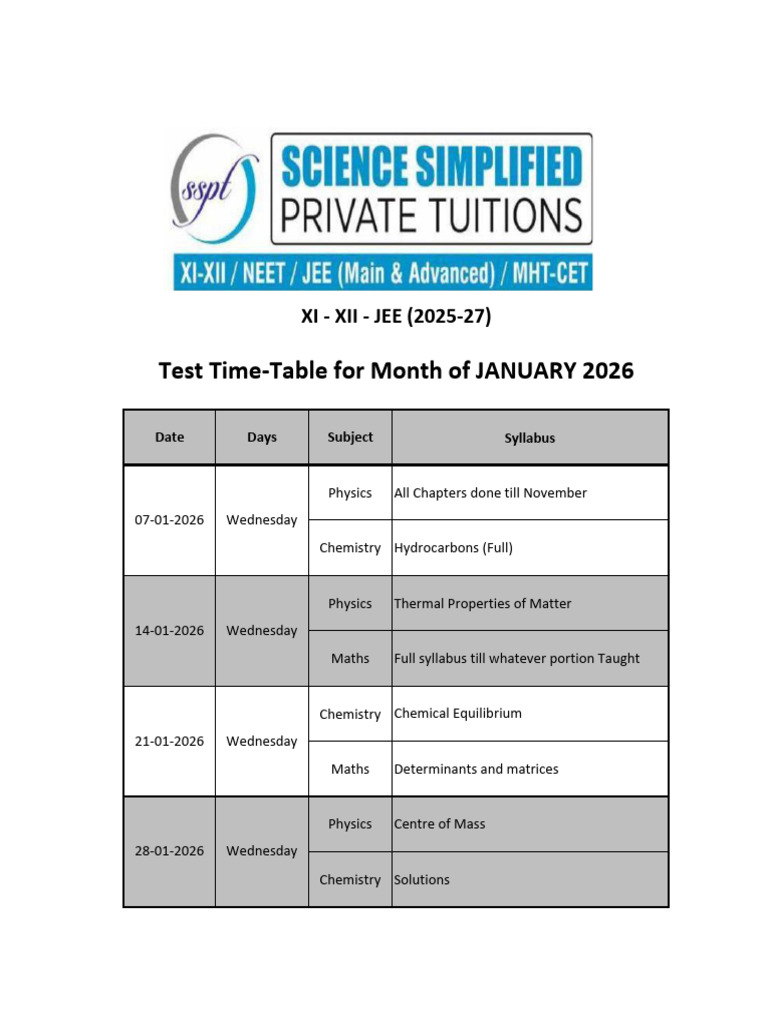 JEE Test Schedule January 2026 | PDF