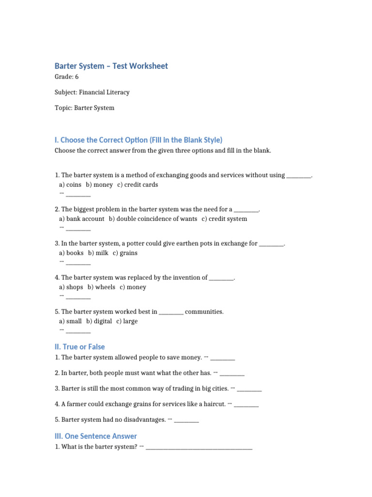 Barter System Worksheet for Grade 6 | PDF