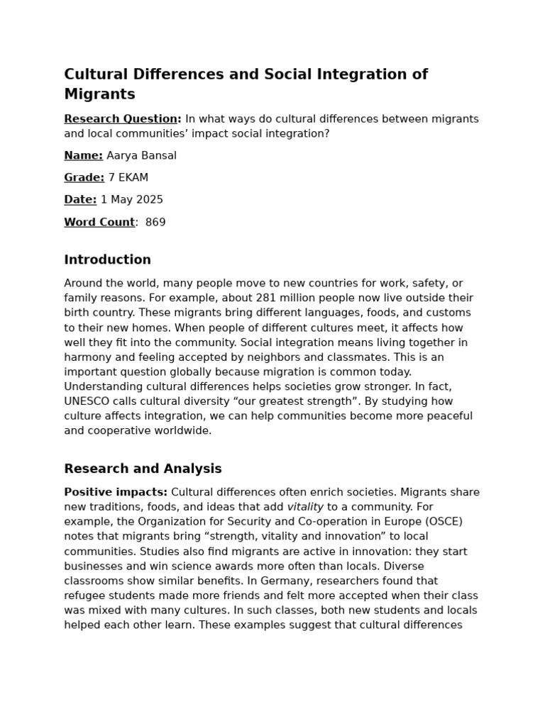 Cultural Differences and Social Integration of Migrants | PDF ...