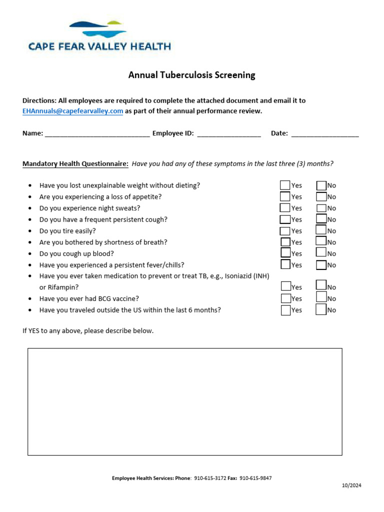 Annual TB Screening Questionnaire for Employees | PDF