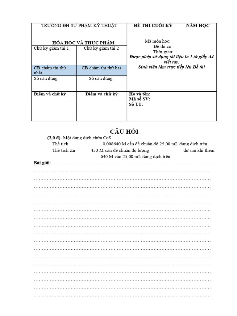 Đề Đại Trà Hóa Phân Tích Hk2 2023 Chính Thức | PDF