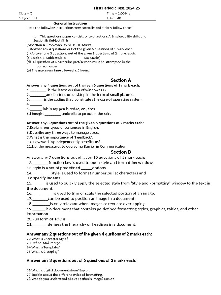 Class X I.T. First Periodic Test 2024-25 | PDF | Computing