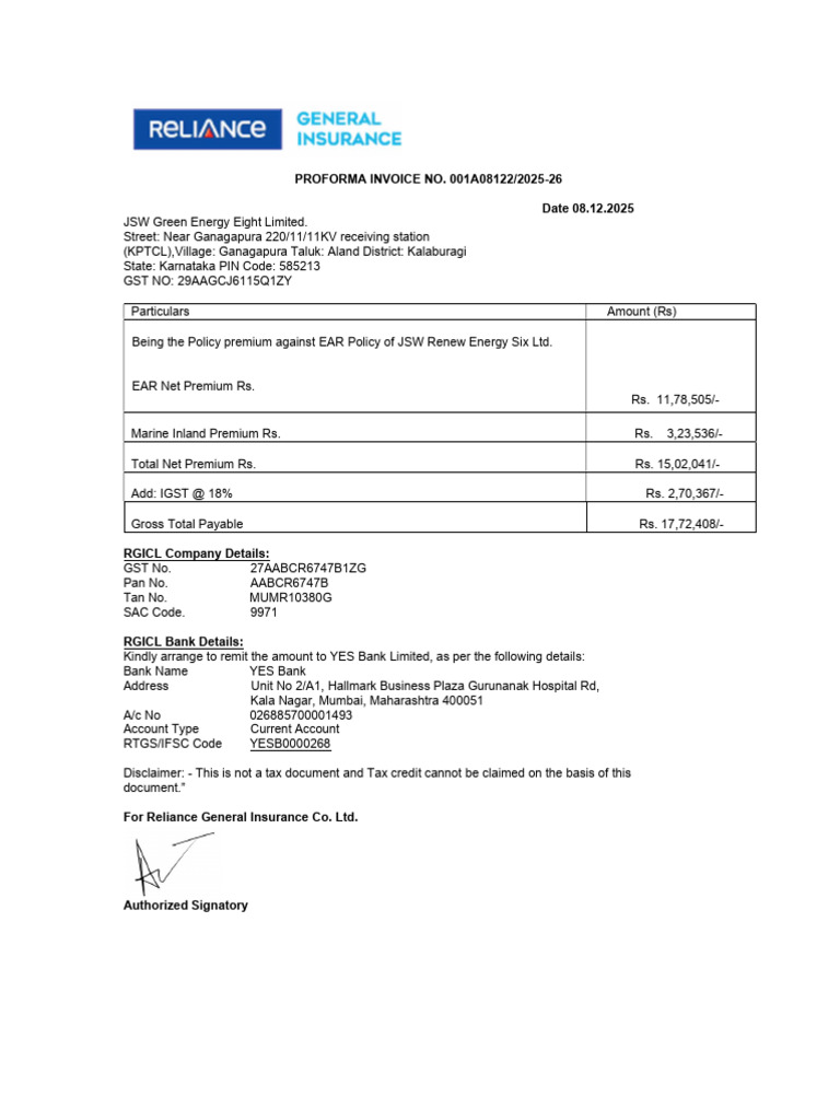 Invoice Format -JSW Green Energy Eight Limited. -EAR & Marine-08!12 ...