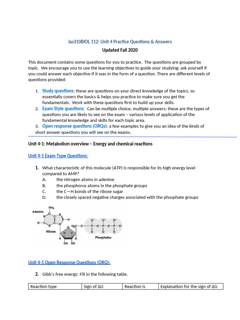 Unit 4 Biology Practice Questions | PDF | Cellular Respiration ...