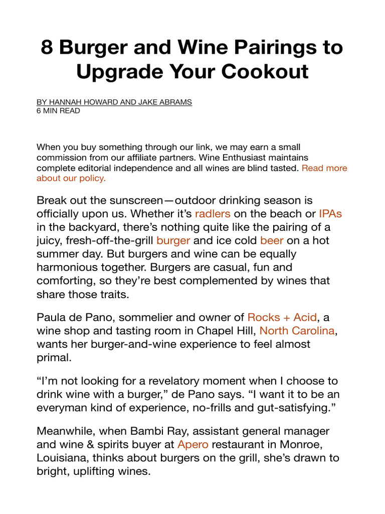 8 Burger and Wine Pairings To Upgrade Your Cookout | PDF | Wine ...