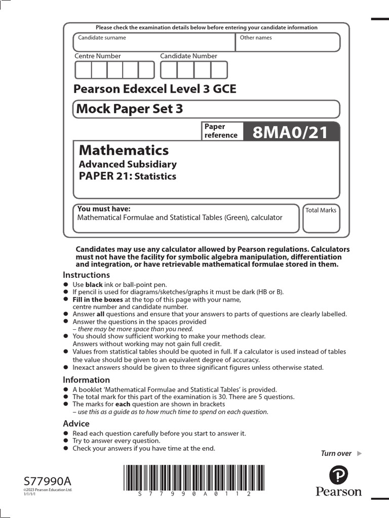Mock Set 3 Statistics Paper | PDF | Mathematics | Calculator