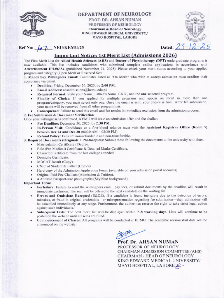 Instructions For Students Selected in The 1st Merit List | PDF