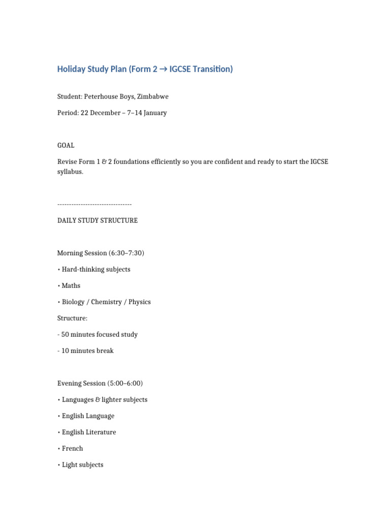 Holiday Study Plan Form2 to IGCSE | PDF