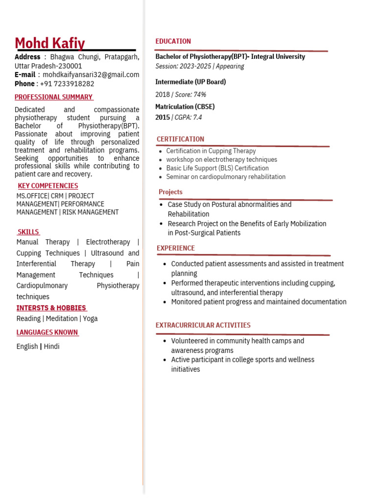 Physiotherapy Student Profile and Skills | PDF