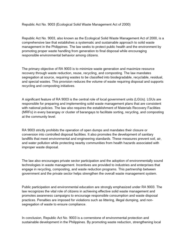 RA 9003: Philippines Waste Management Law | PDF | Waste Management | Waste