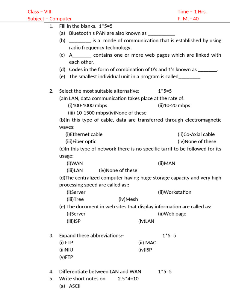 Class VIII Computer Exam Questions | PDF | Local Area Network ...