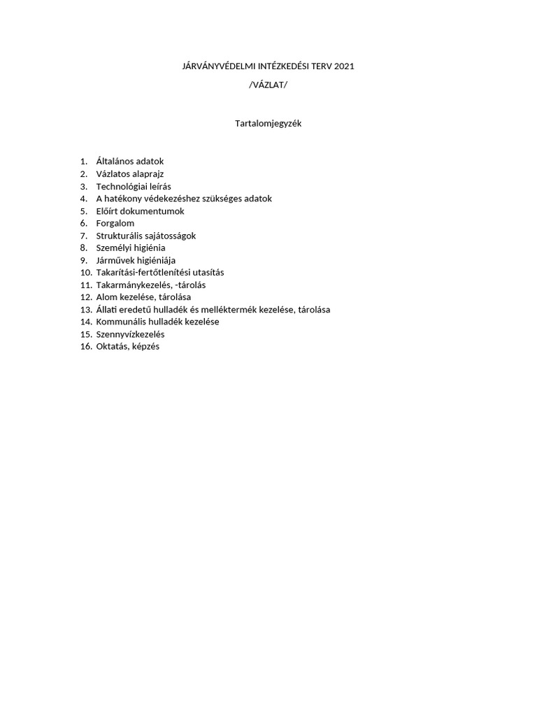 Jarvanyvedelmi Intezkedesi Terv Vazlat | PDF