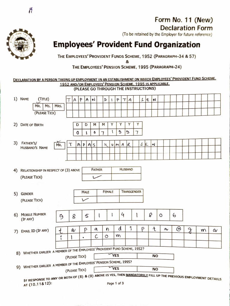 Employment Declaration Form for EPF/EPS | PDF