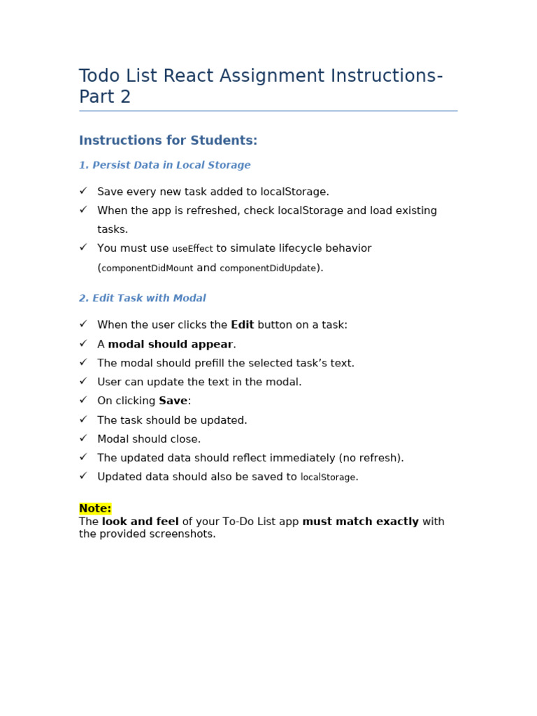 Todo React Assignment Instructions Part 2 | PDF
