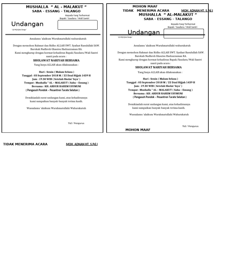 UNDANGAN Sholawat Nariyah | PDF