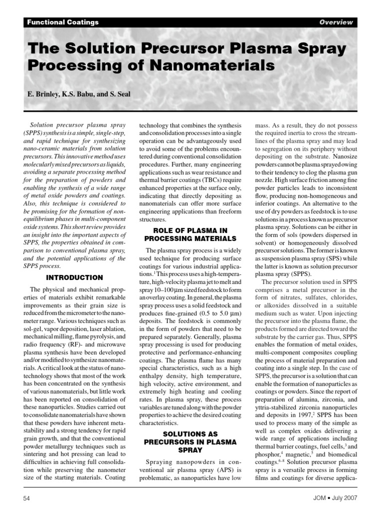 The Solution Precursor Plasma Spray Processing of | PDF | Nanoparticle ...