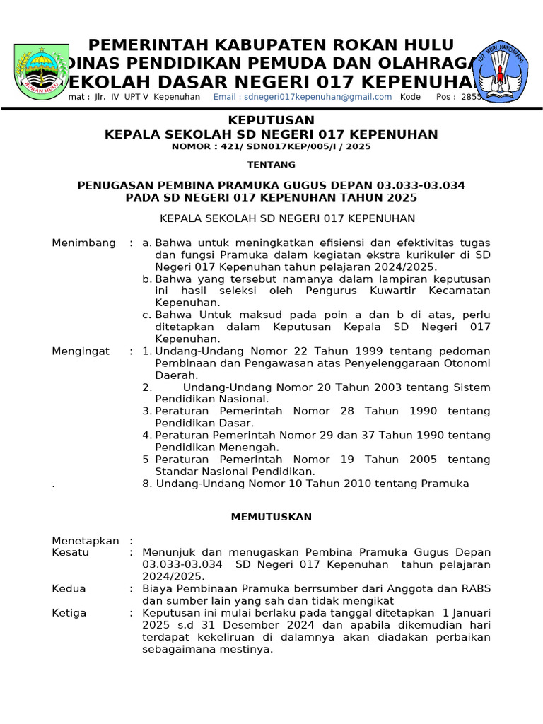 Penugasan Pembina Pramuka SDN 017 | PDF