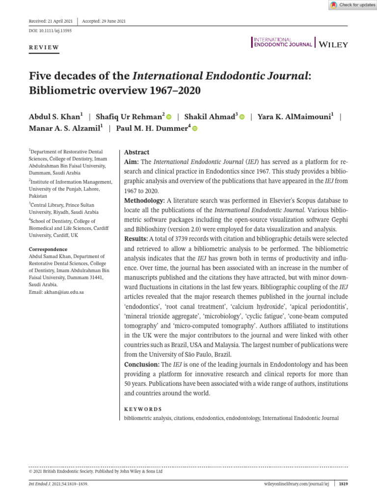 Int Endodontic J - 2021 - Khan - Five Decades of The International ...