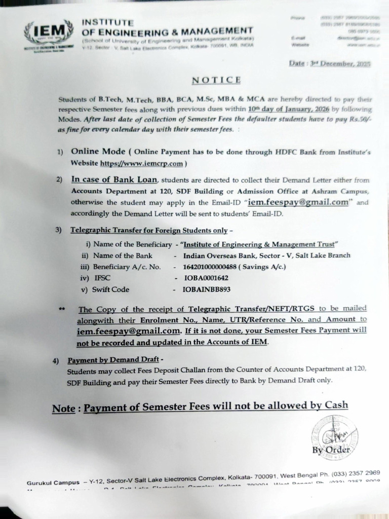Semester Fee Payment Notice for IEM Students | PDF