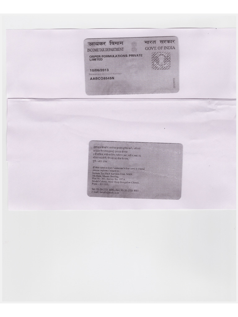 Osper Formulations PVT Ltd. Pan Card | PDF