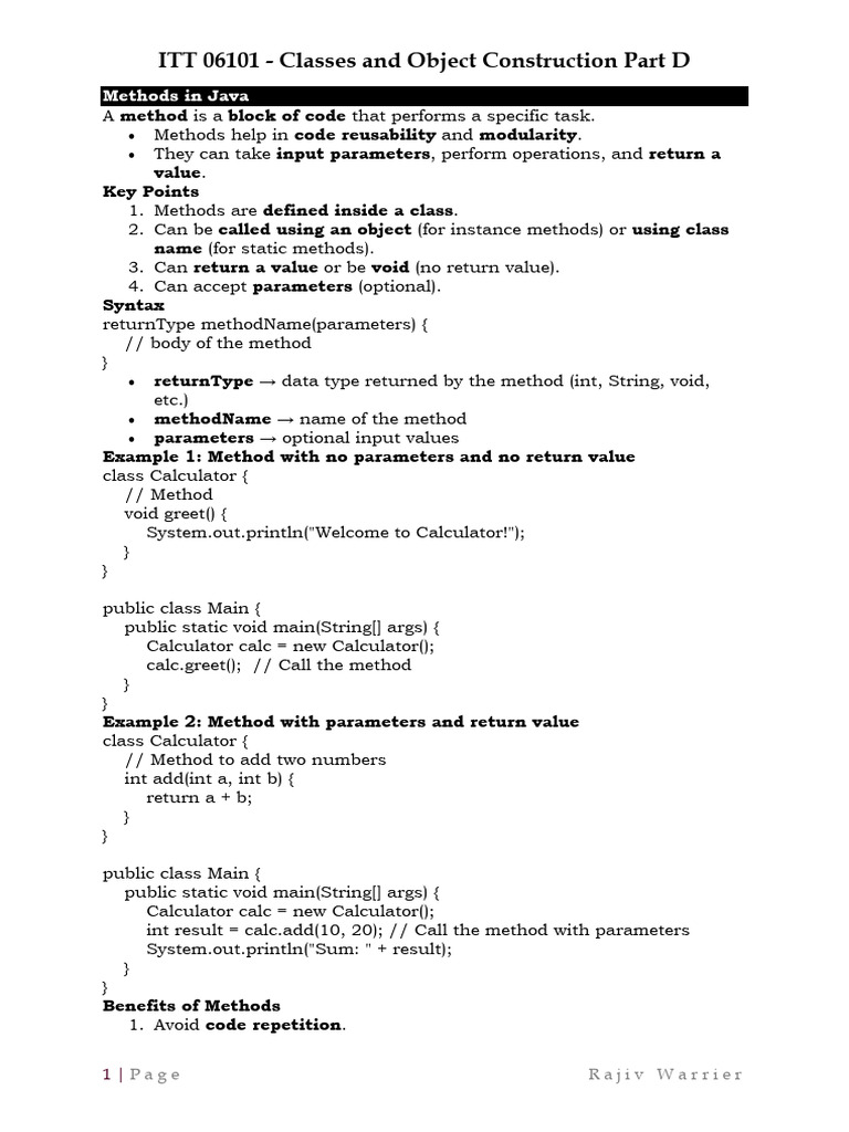 ITT 06101 - Classes and Object Construction Part D | PDF | Constructor ...