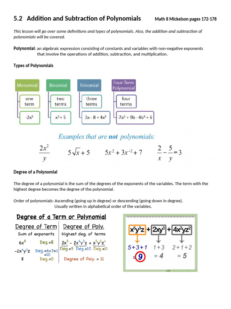 Adding and Subtracting Polynomials | PDF | Polynomial | Variable ...