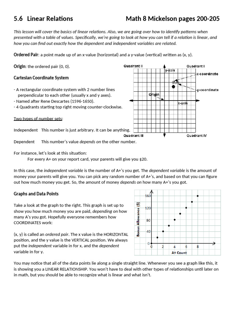 Math 8 - 5.6 Linear Relations Notes | PDF | Cartesian Coordinate System ...