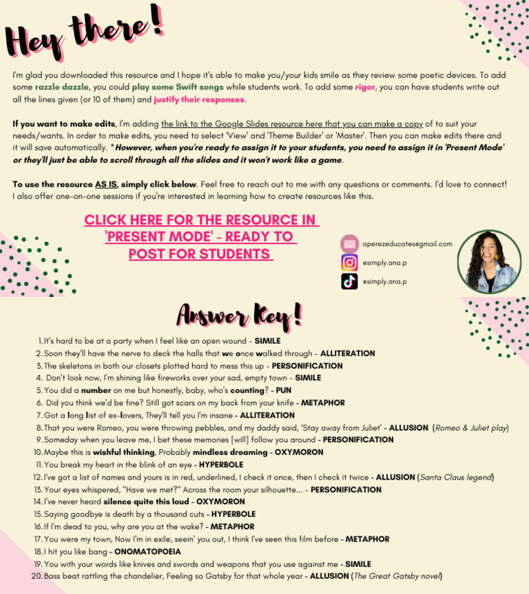 Taylor Swift Poetic Devices Review | PDF