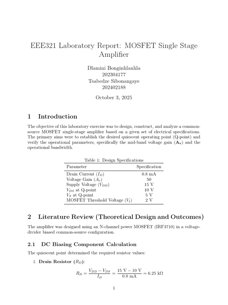 MOSFET Single-Stage Amplifier Report | PDF | Amplifier ...
