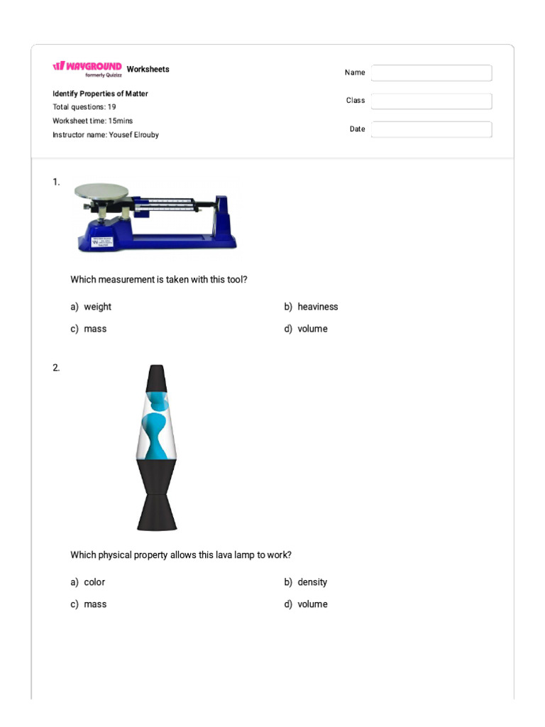 Properties of Matter Worksheet | PDF | Volume | Density