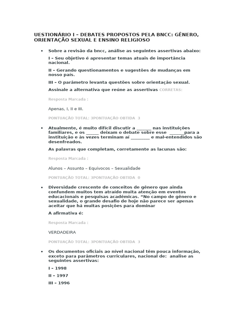 Questionário I e II-Debate e Sexualidade Genero | PDF | Gênero ...