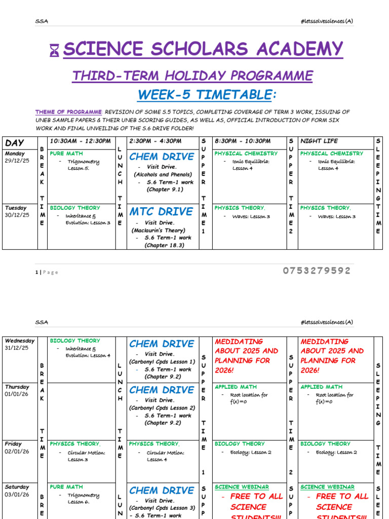 SSA Holiday Programme Week 5 Timetable | PDF | Science