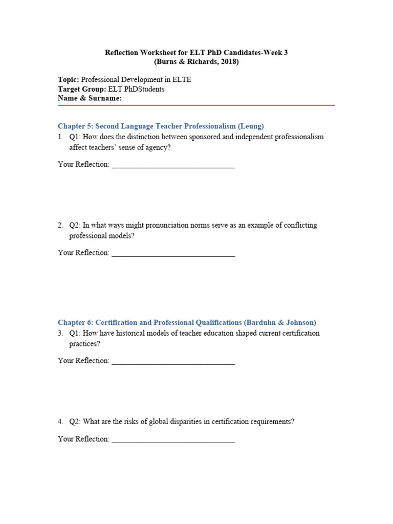 Reflective Questions Handout Burns-Richards | PDF | Teachers | Teacher ...