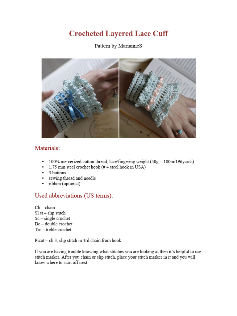 small Crocheted Layered Lace Cuff | PDF | Crochet | Needlework