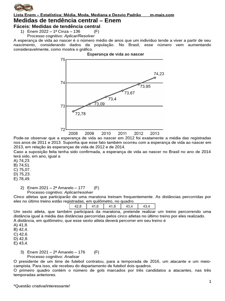 05 Estatística - Medidas Tendencia Central Enem | PDF | Média | Mediana ...