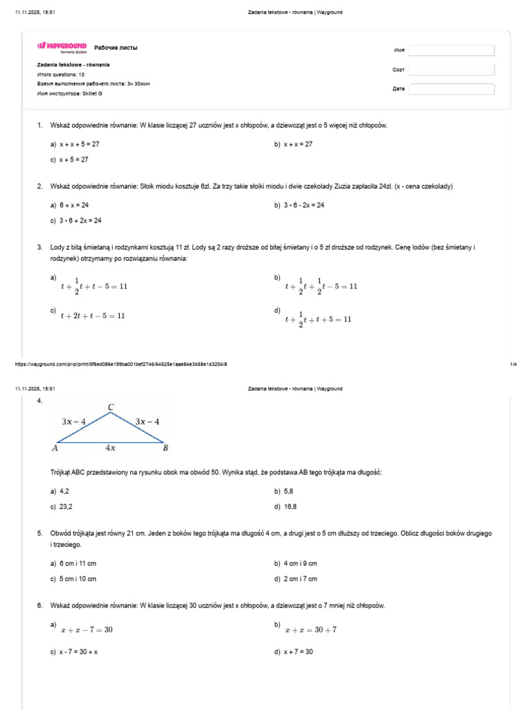 Quizizz - Zadania Tekstowe - Równania | PDF