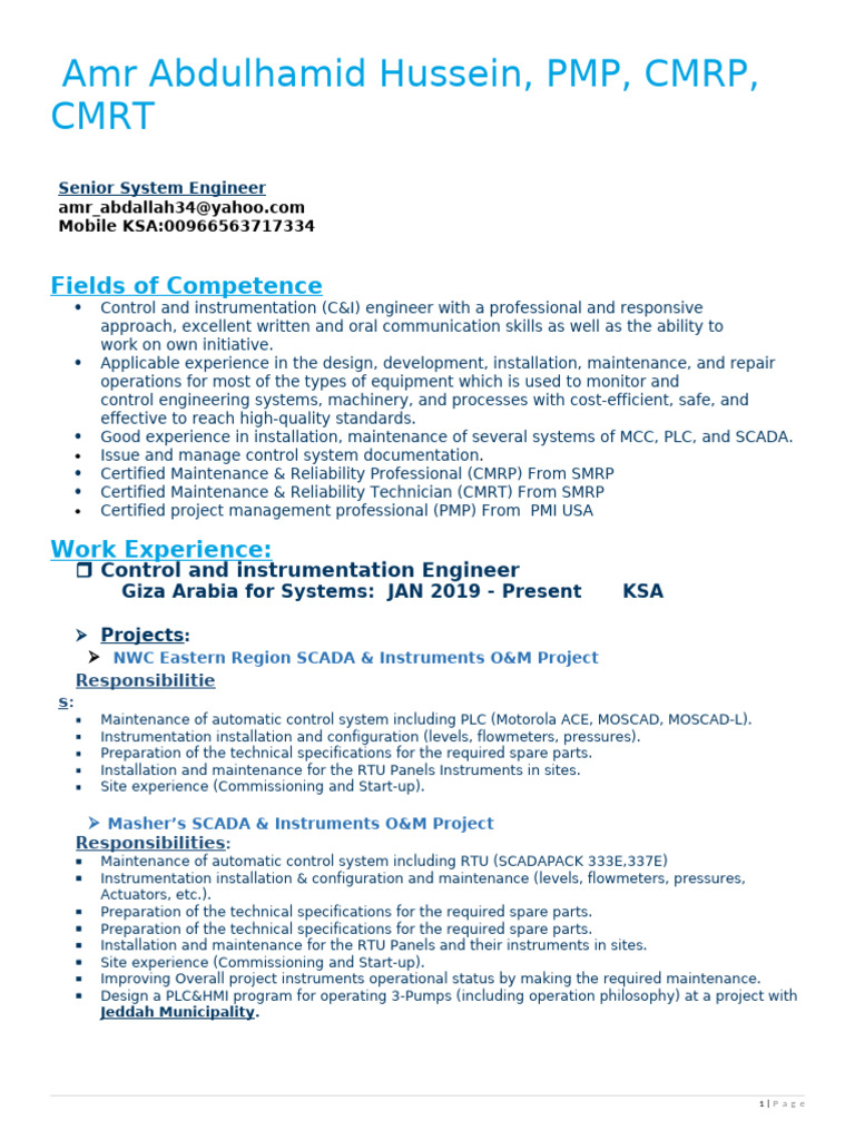 Senior Control & Instrumentation Engineer | PDF | Automation ...