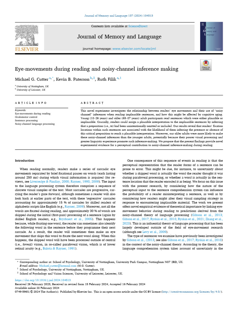 Eye Movements During Reading and Noisy Channel I 2024 Journal of Memory ...