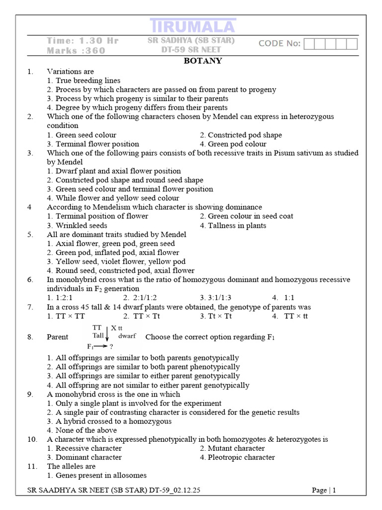 SR Saadhya SR Neet (SB Star) Dt-59 - (2!12!25) PDF | PDF | Dominance ...