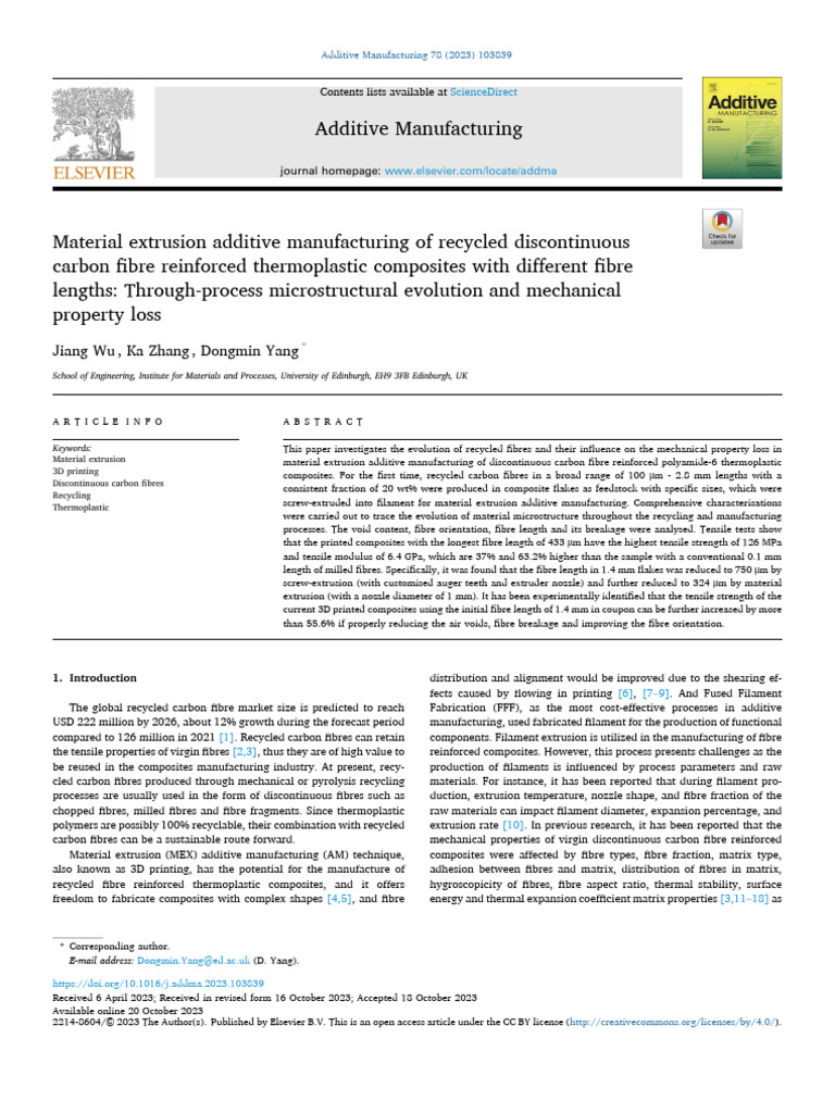 Material Extrusion Additive Manusfcturing of Recycled Discontinous ...