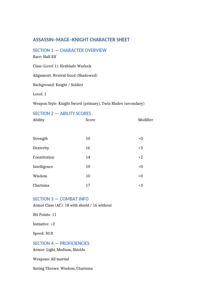 Assassin Mage Knight Character Sheet | PDF | Role Playing Games | Gary ...